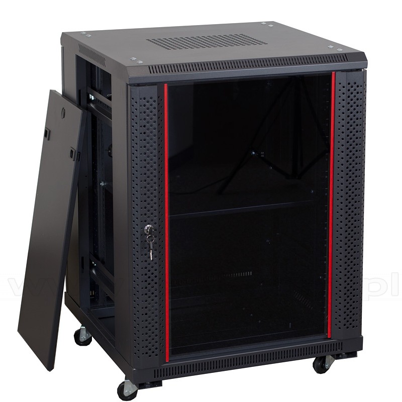 Floor-standing 19" rack cabinet, 15U, glass door, 600mm d., black